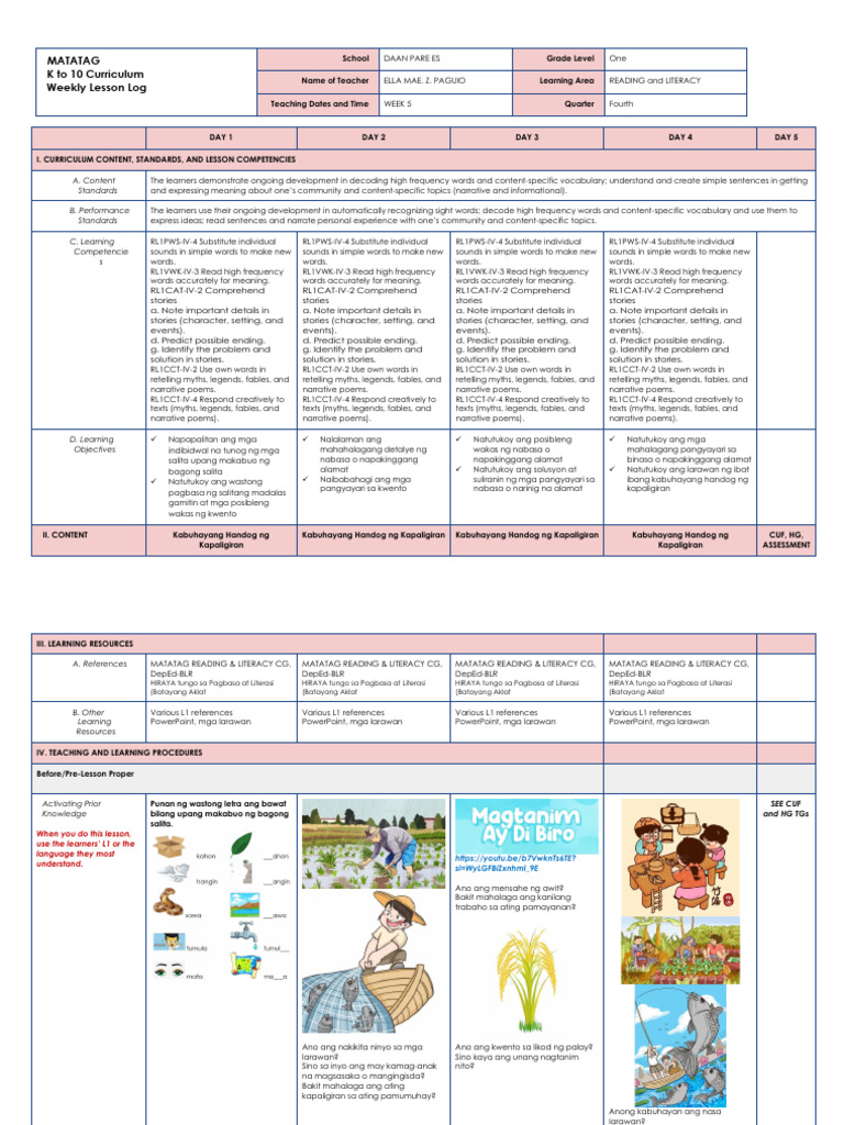 w5 q4 Reading and Literacy1 Matatag DLL | PDF