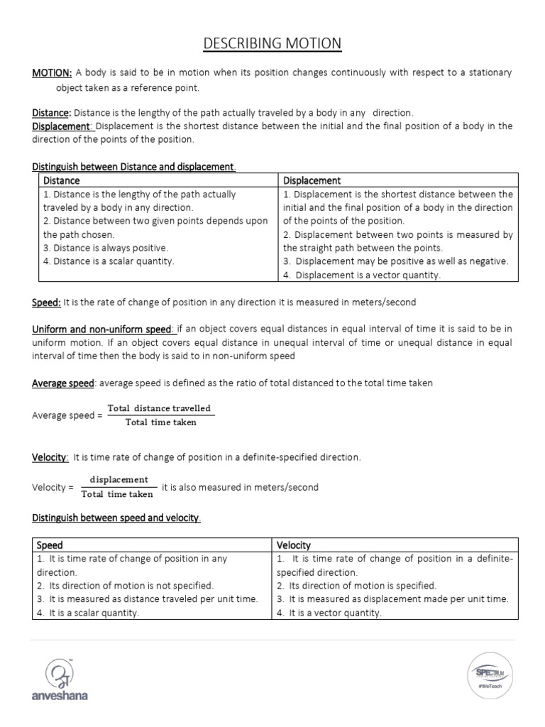 9th Cbse Phy Motion Lesson Notes | PDF | Velocity | Acceleration