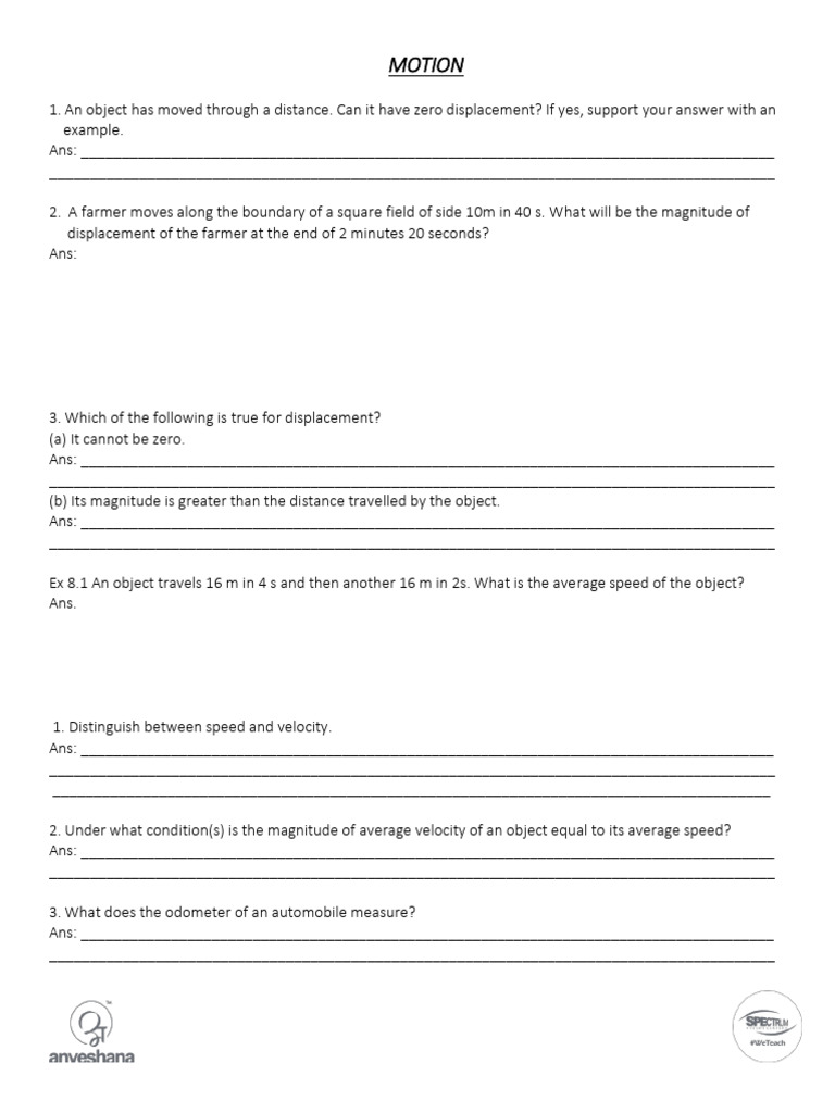 9th STD Motion Work Sheet | PDF | Acceleration | Velocity