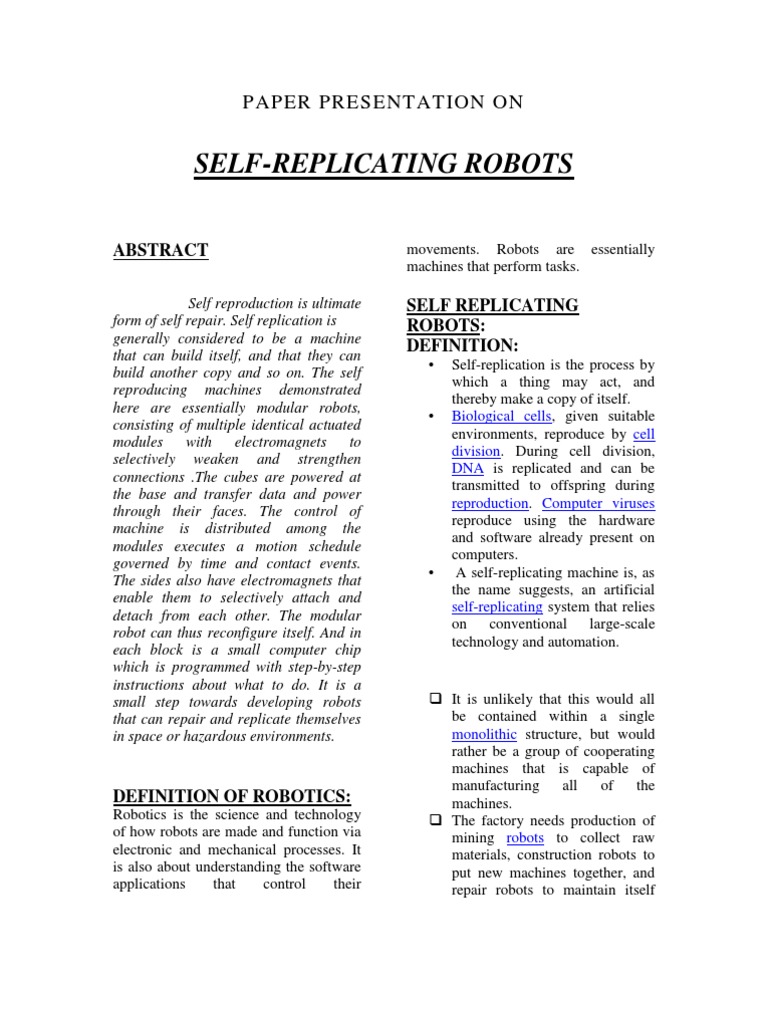 Self Replicating Robots Pdf Robot Robotics