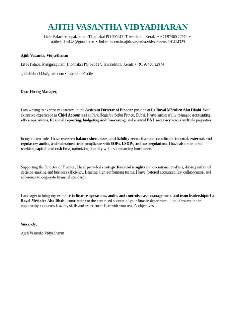 Ajith Resume & Cover Letter | PDF | Audit | Regulatory Compliance
