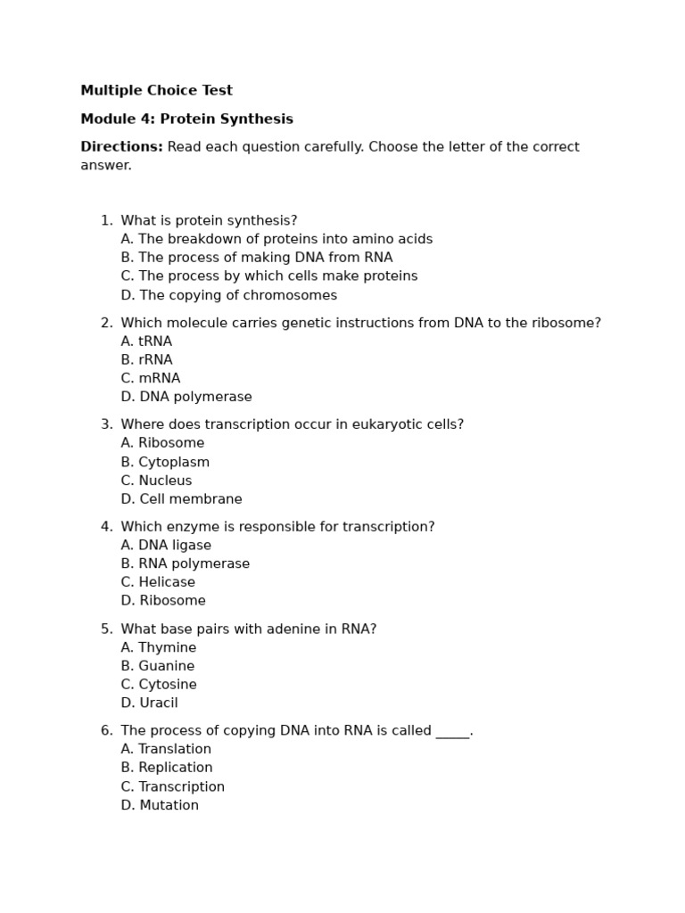 Multiple Choice Protein Synthesis 1 | PDF | Translation (Biology) | Rna