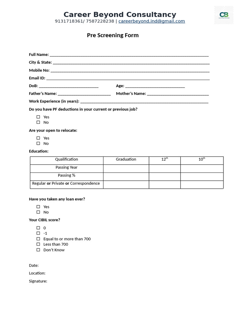 Pre Screening Form (BFSI) | PDF