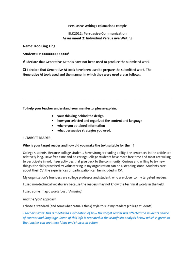 Example Assessment 2 Persuasive Writing Explanation | PDF | Rhetoric ...