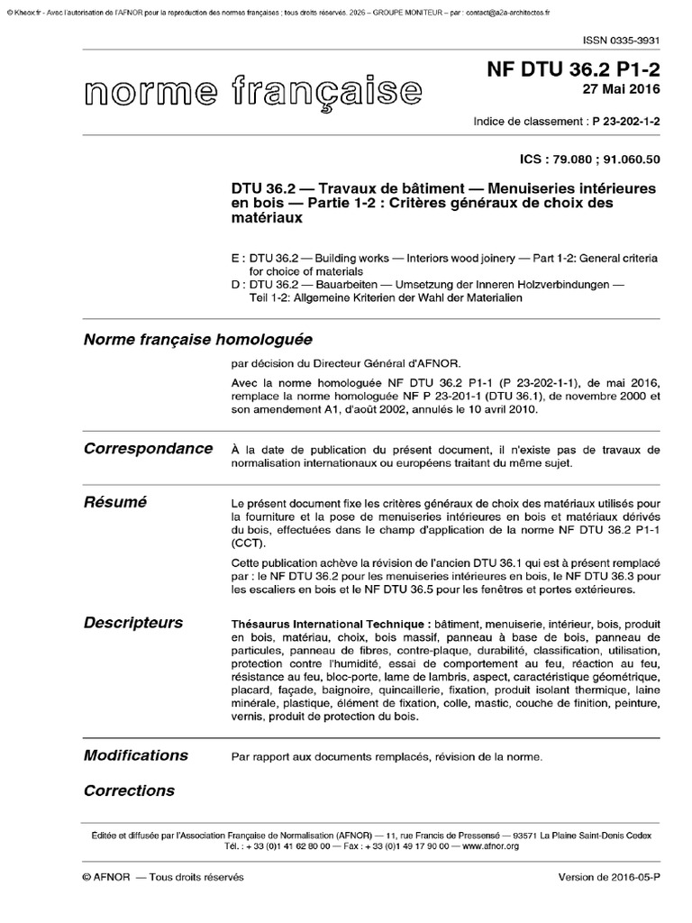 NF DTU 36.2 P1-2 - Menuiseries Intérieures en Bois - Partie 1-2 ...