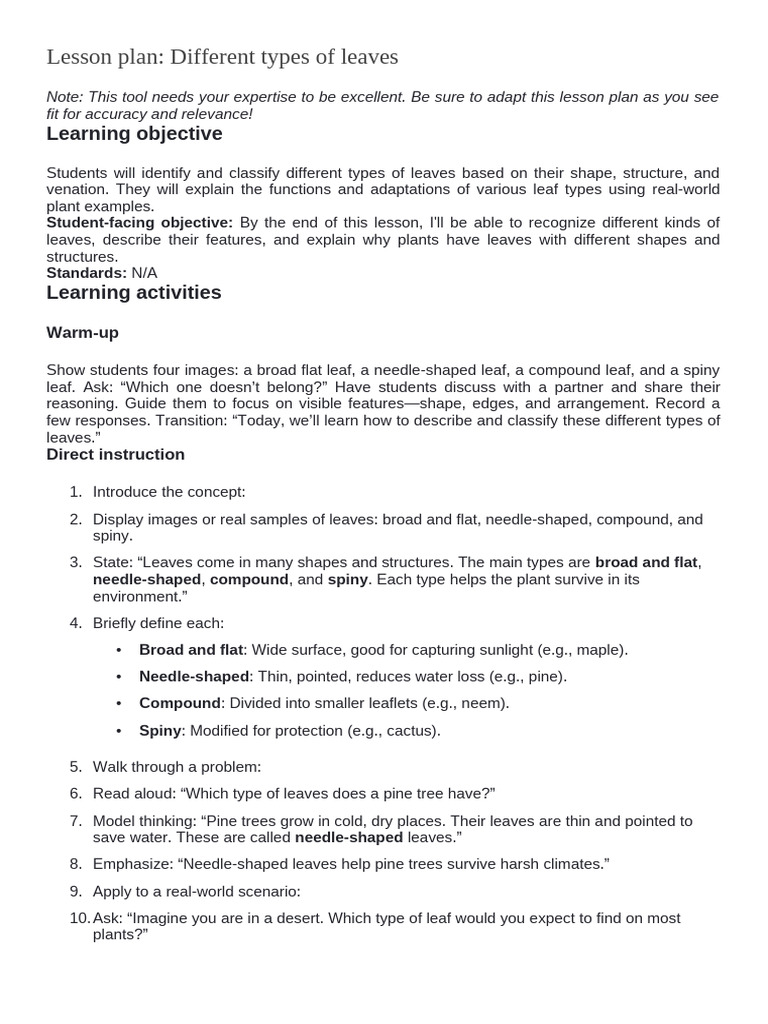 Lesson Plan - Different Types of Leaves | PDF | Leaf