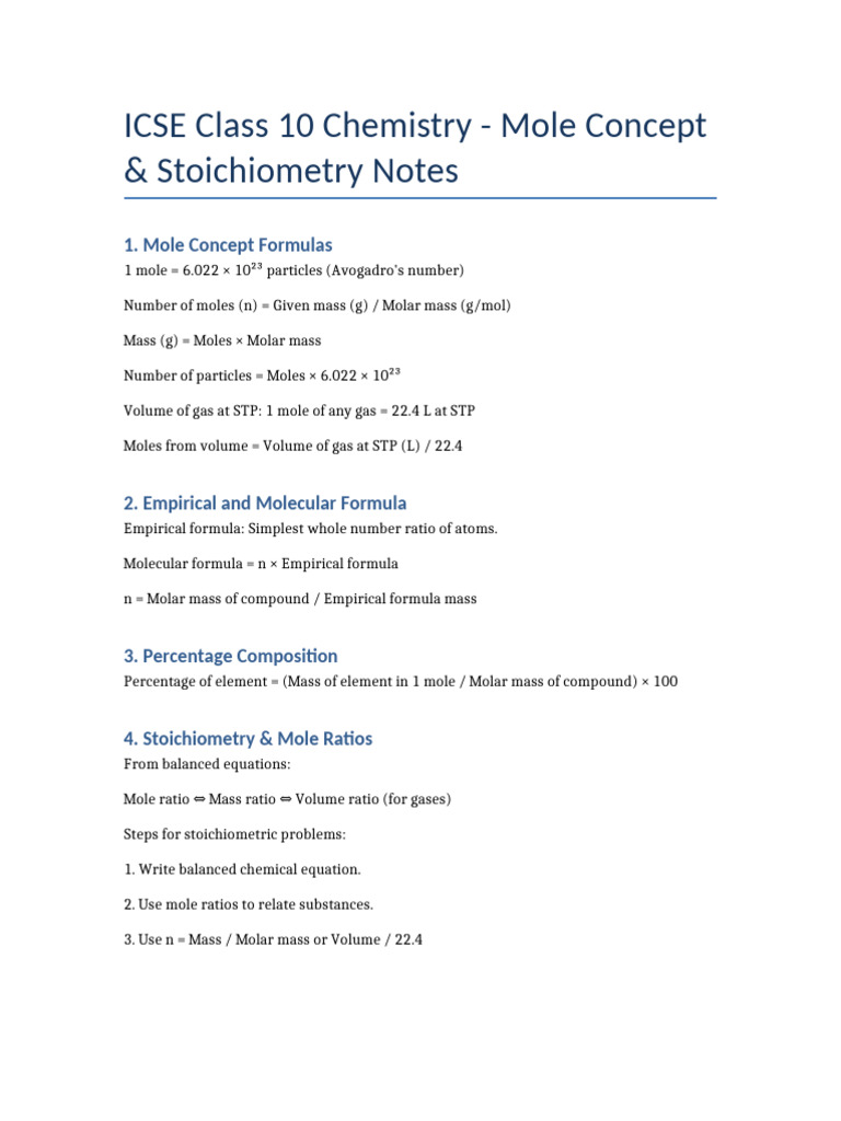 Mole Concept Stoichiometry ICSE Notes | PDF