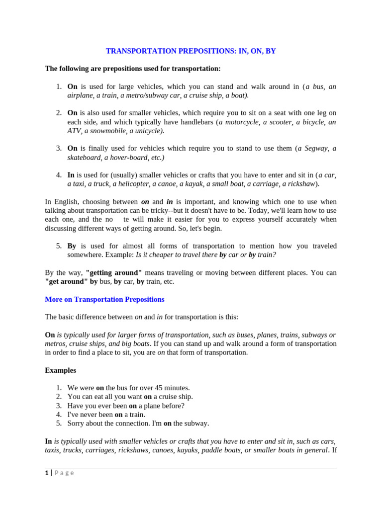 Transportation Prepositions | PDF | Rapid Transit | Transport
