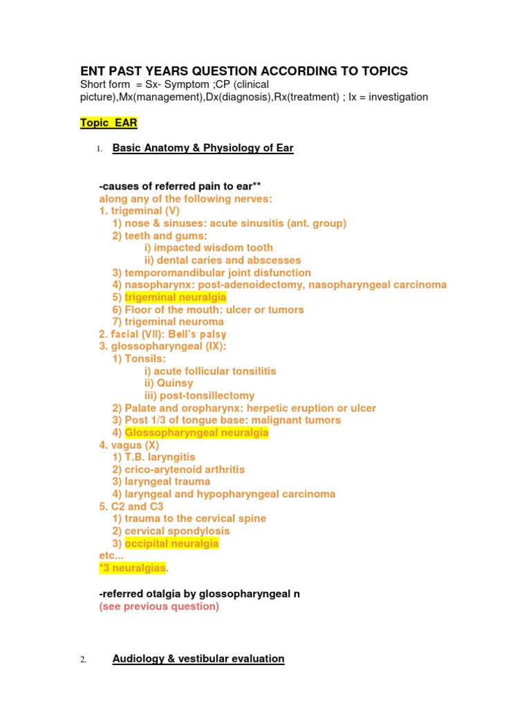 Ent Past Years Question According To Topics | PDF | Ear ...