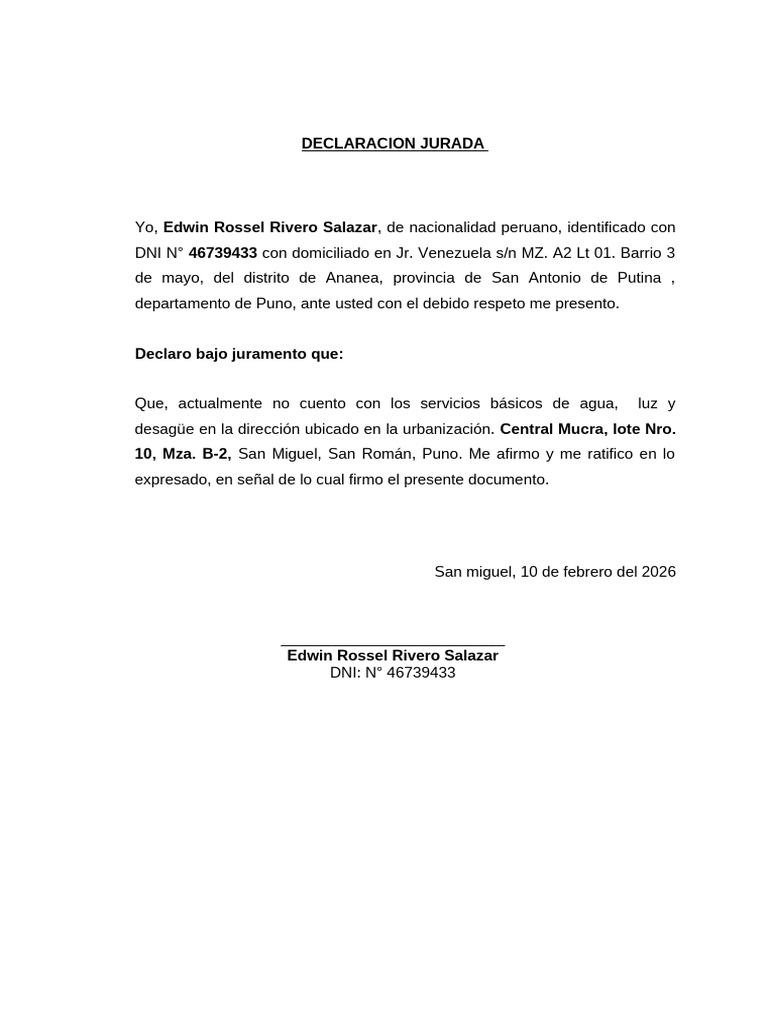 Declaracion Jurada de Edwin de | PDF