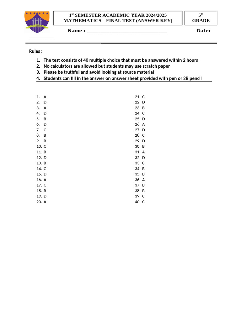 5th Grade 1st Semester Test Answer - Math | PDF