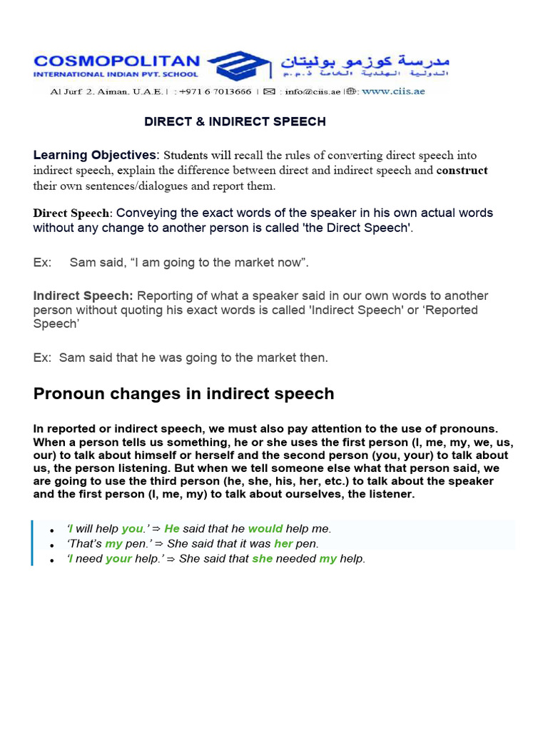 Direct Indirect Speech Notes 2 | PDF