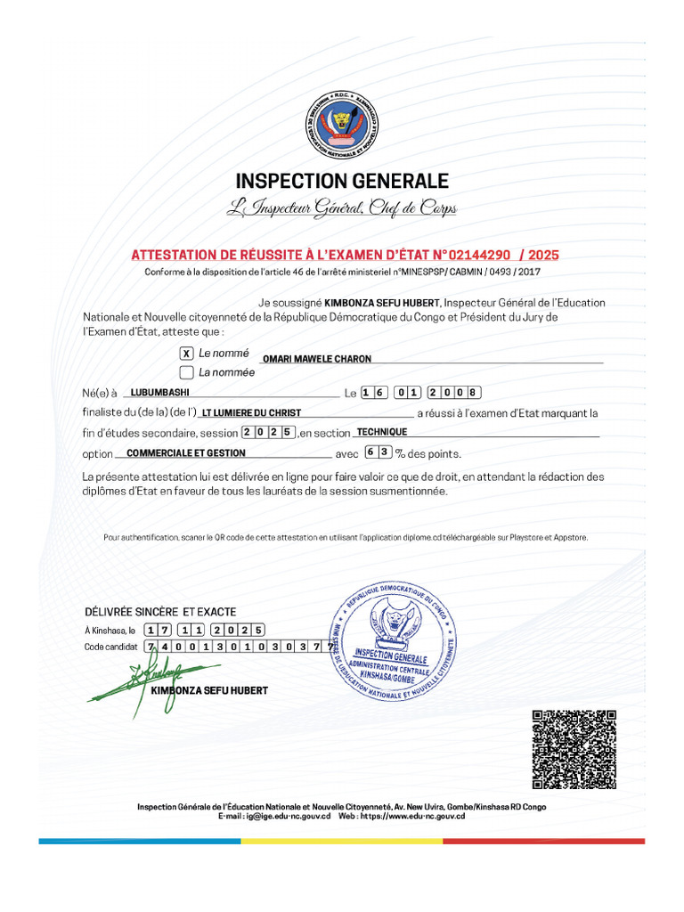 Attestation Omari Mawele Charon | PDF