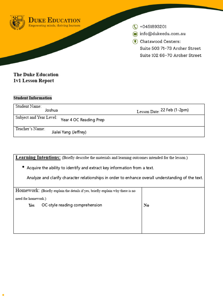 Lesson Report Form - Joshua | PDF