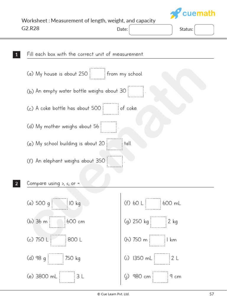 2nd Grade Math Worksheet Measurement of Length Weight and Capacity | PDF