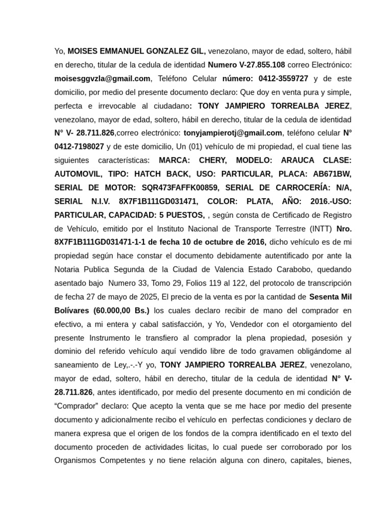 Compra Venta de Vehículo Arauca Tony Jeampiero | PDF | Documento de ...