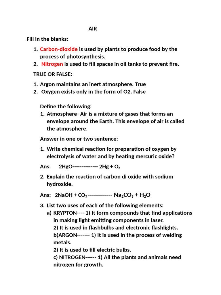Air-Answer Key (Revision Worksheet) | PDF