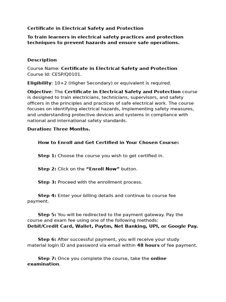 Certificate in Electrical Safety and Protection | PDF | Safety ...