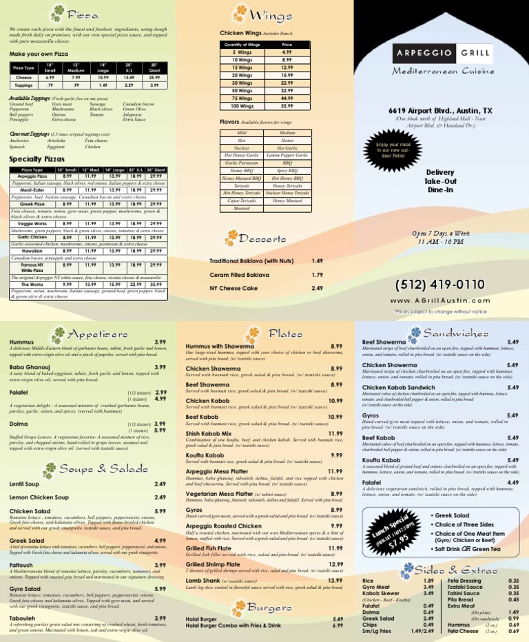 Arpeggio Grill Menu | PDF | Pizza | Kebab