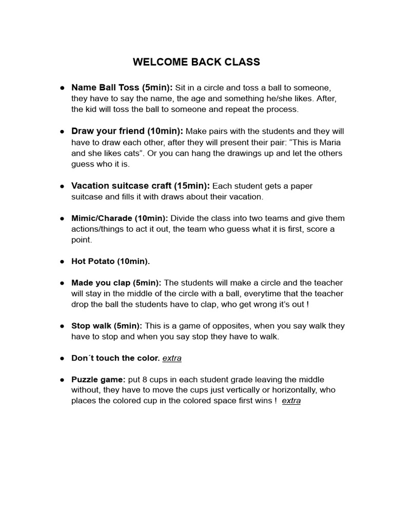 Welcome Back Classes | PDF