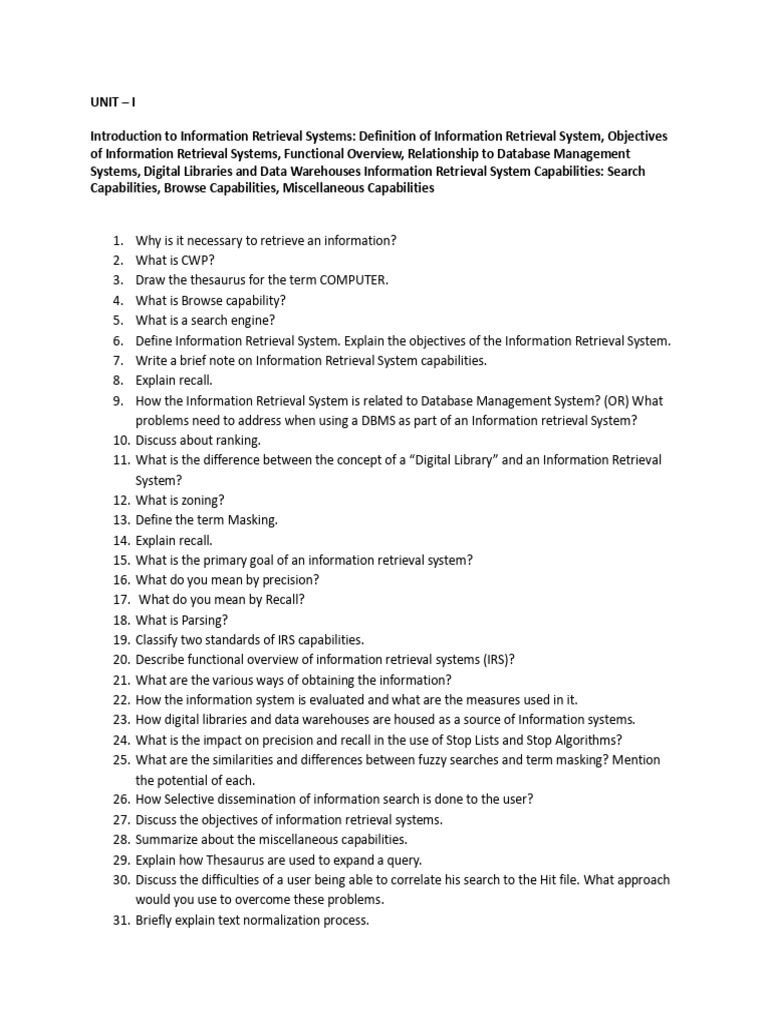 Unit Wise Important Questions | PDF | Information Retrieval | Cluster ...