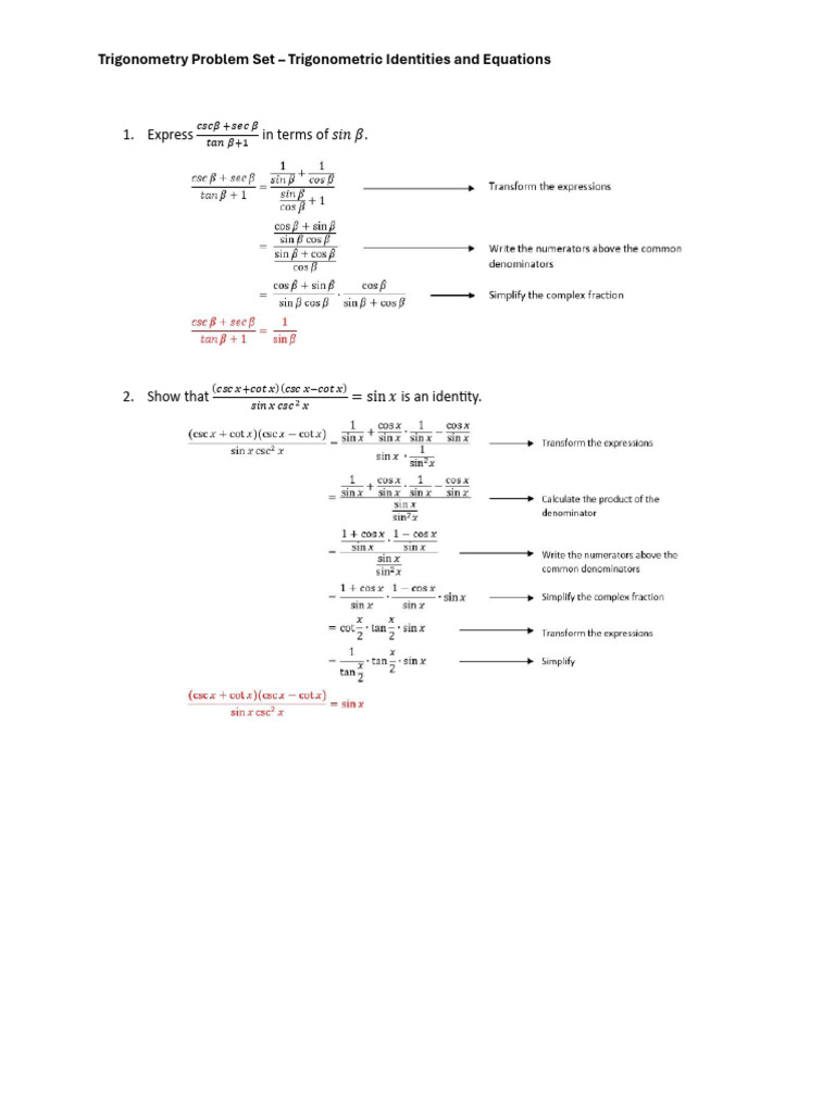 Trigonometry Problem Set - Trigonometric Identities and Equations | PDF
