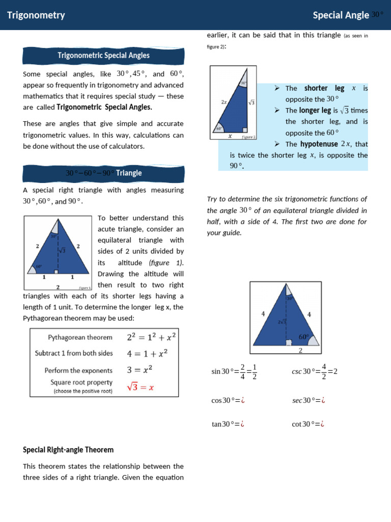 Trigonometry Notes - Special Angle | PDF | Trigonometry | Triangle