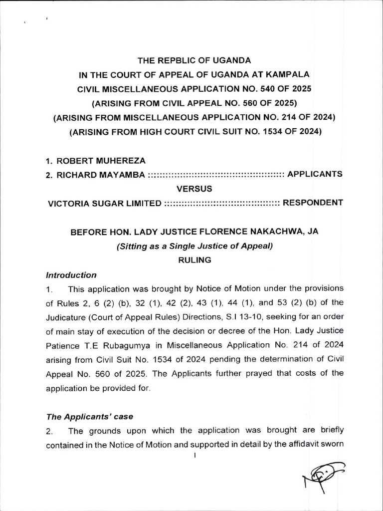 Robert Muhereza and Another V Victoria Sugar Limited 2026 UGCA 16 (12 ...