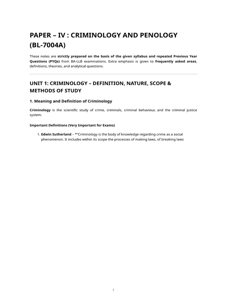 Criminology and Penology - Exam Oriented Comprehensive Notes | PDF