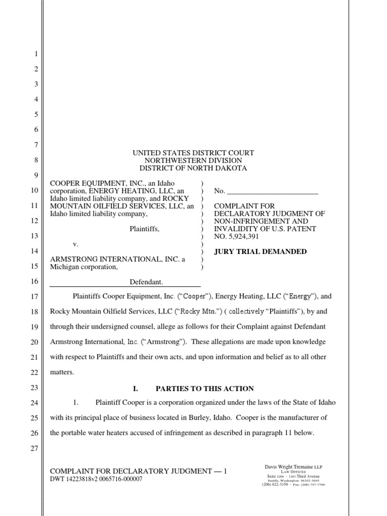 Cooper Equipment Et. Al. v. Armstrong International | PDF | Declaratory ...