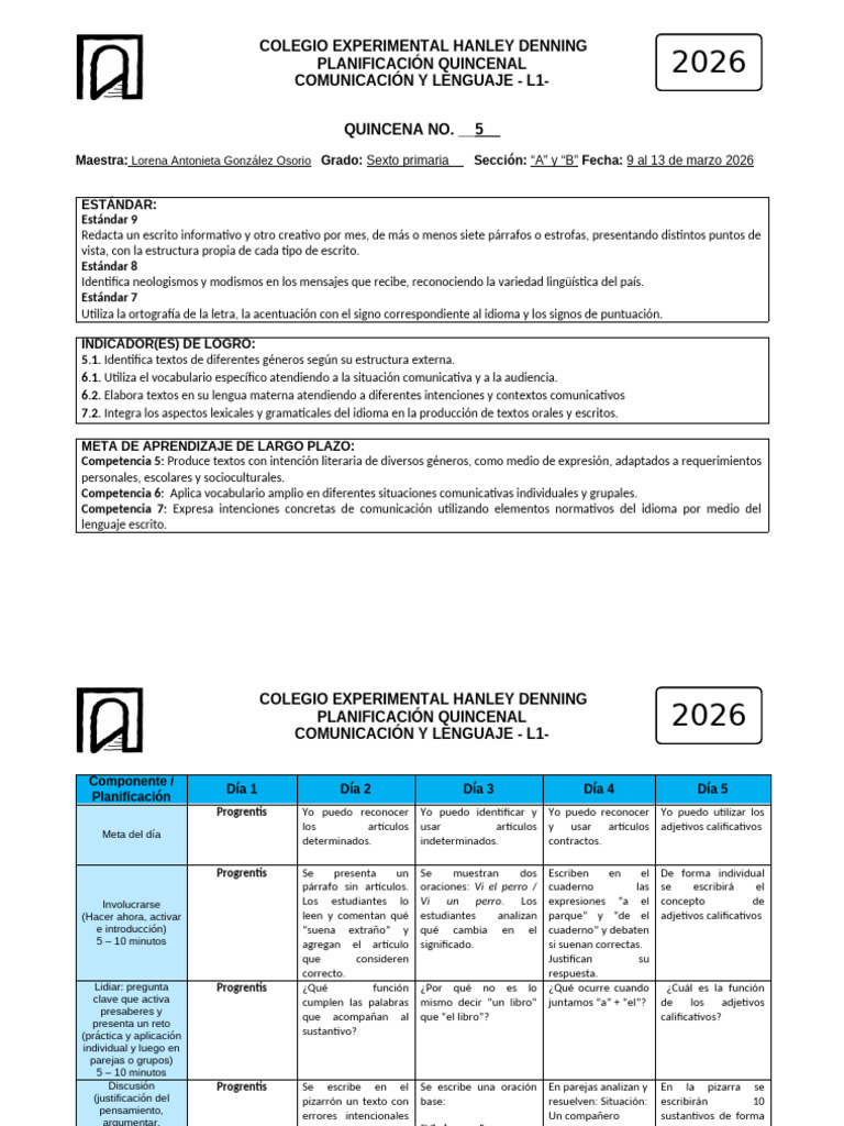 Quincena 5 6to L1 2026 | PDF | Adjetivo | Comunicación