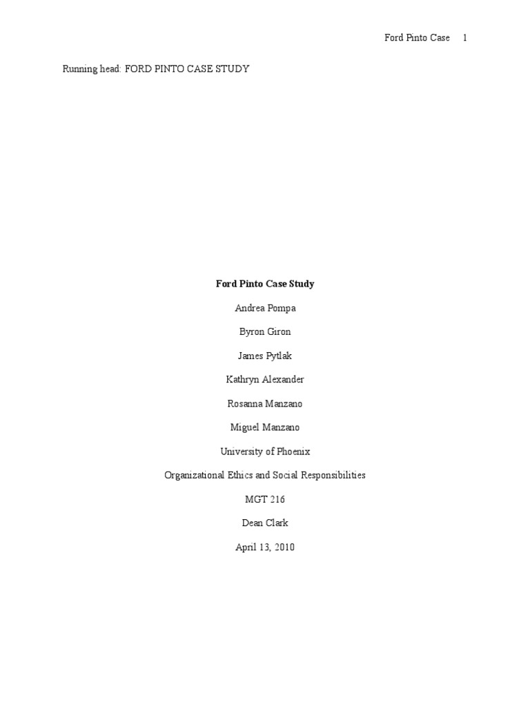 Ford Pinto Case 1 Running Head: Ford Pinto Case Study | PDF | Safety | Business