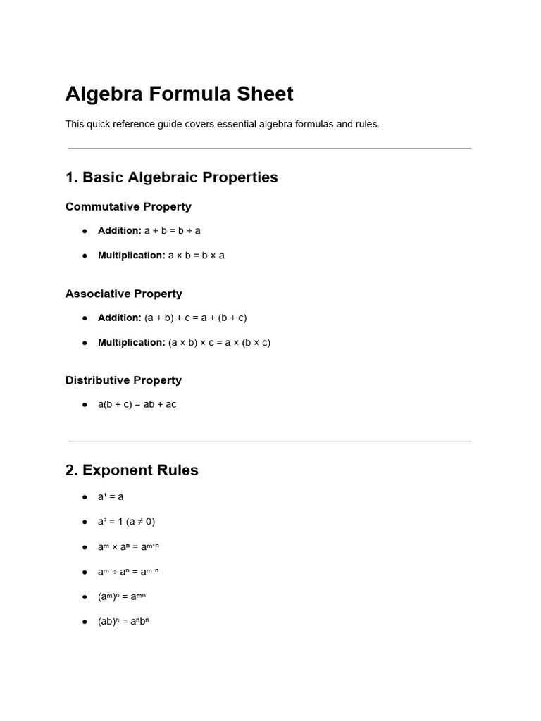 Algebra Formula Sheet | PDF