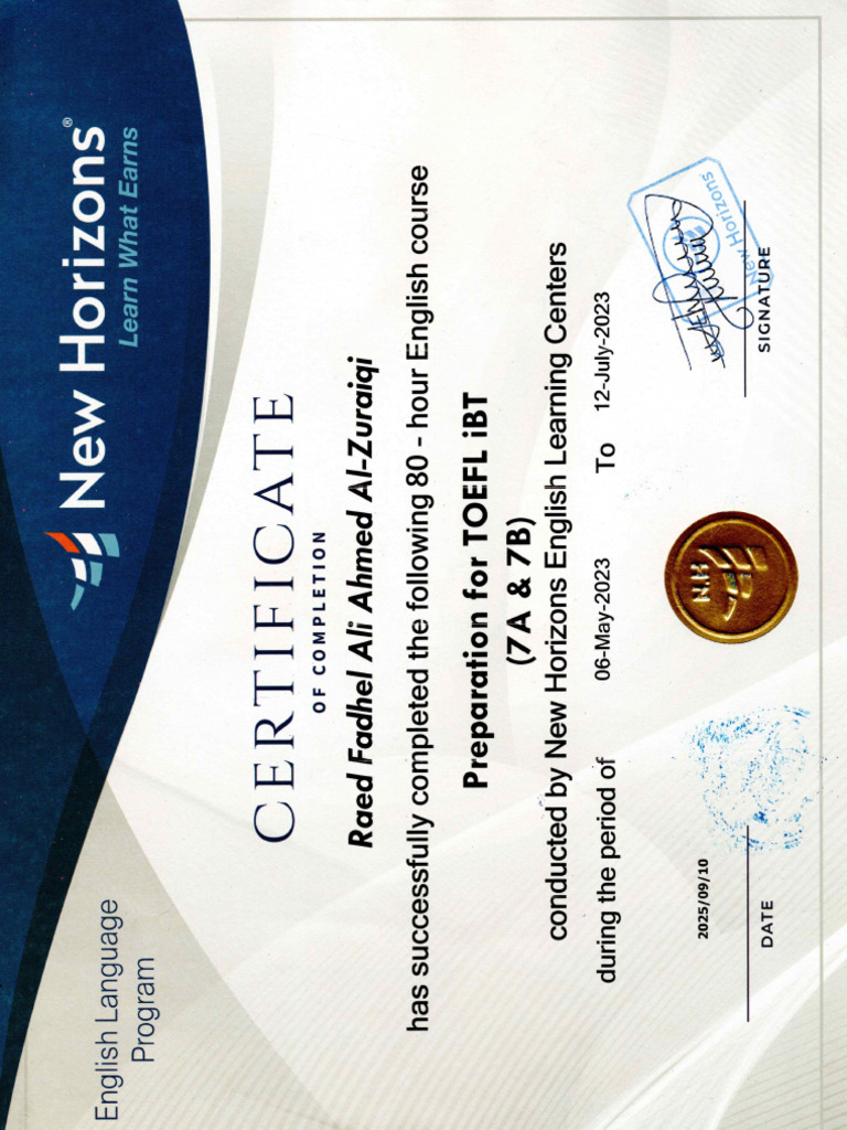 TOEFL Preparation Certificate of Raed Fadhel Ali Ahmed Alzuraiqi | PDF