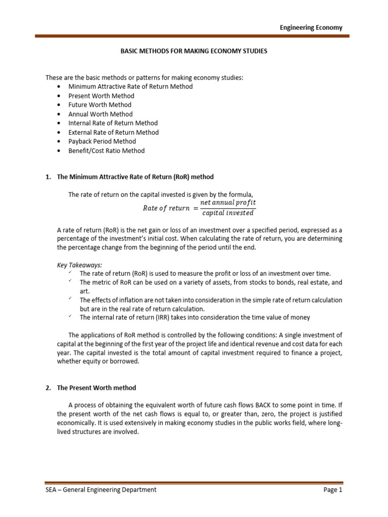 Lesson 8 - Basic Methods For Making Economy Studies-1 | PDF | Internal ...