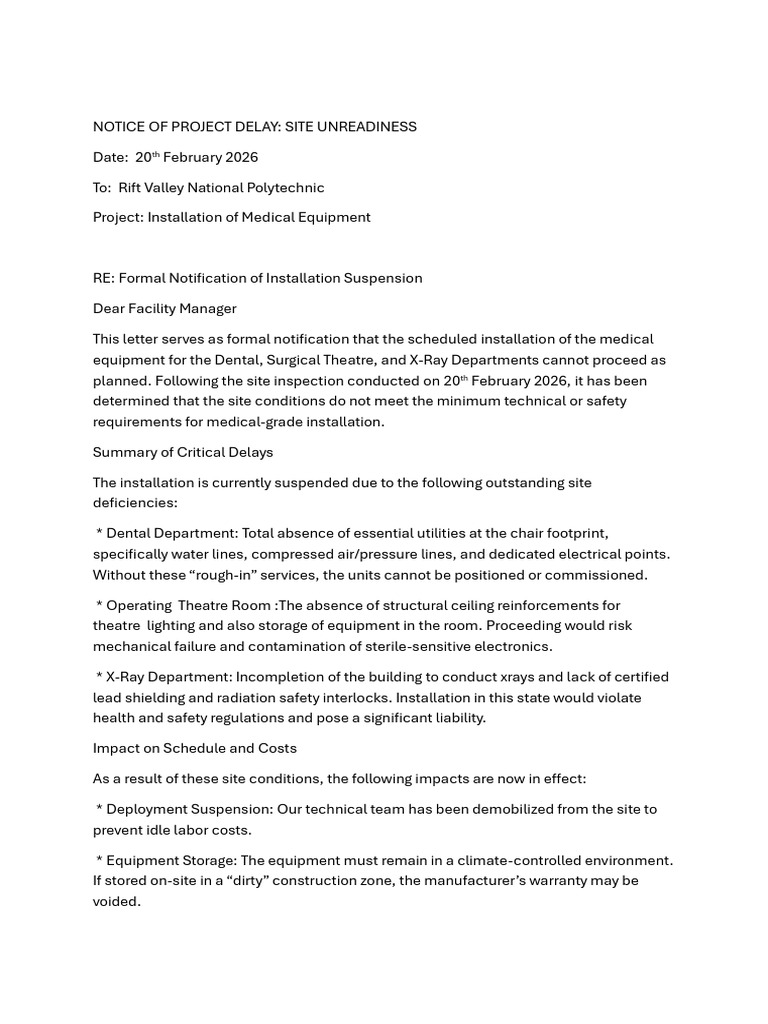 RVIST Notice of Site Unreadiness | PDF | Safety