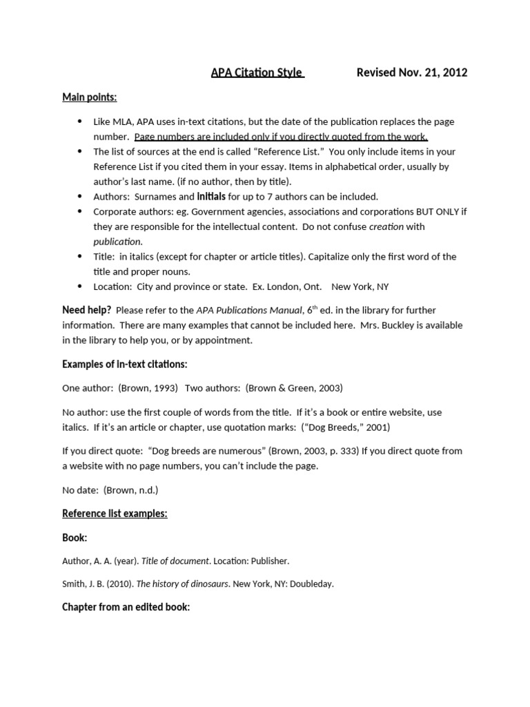 APA Student Handout | PDF | Citation | Apa Style