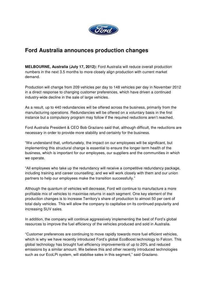 Ford Statement | Ford Motor Company | Vehicles