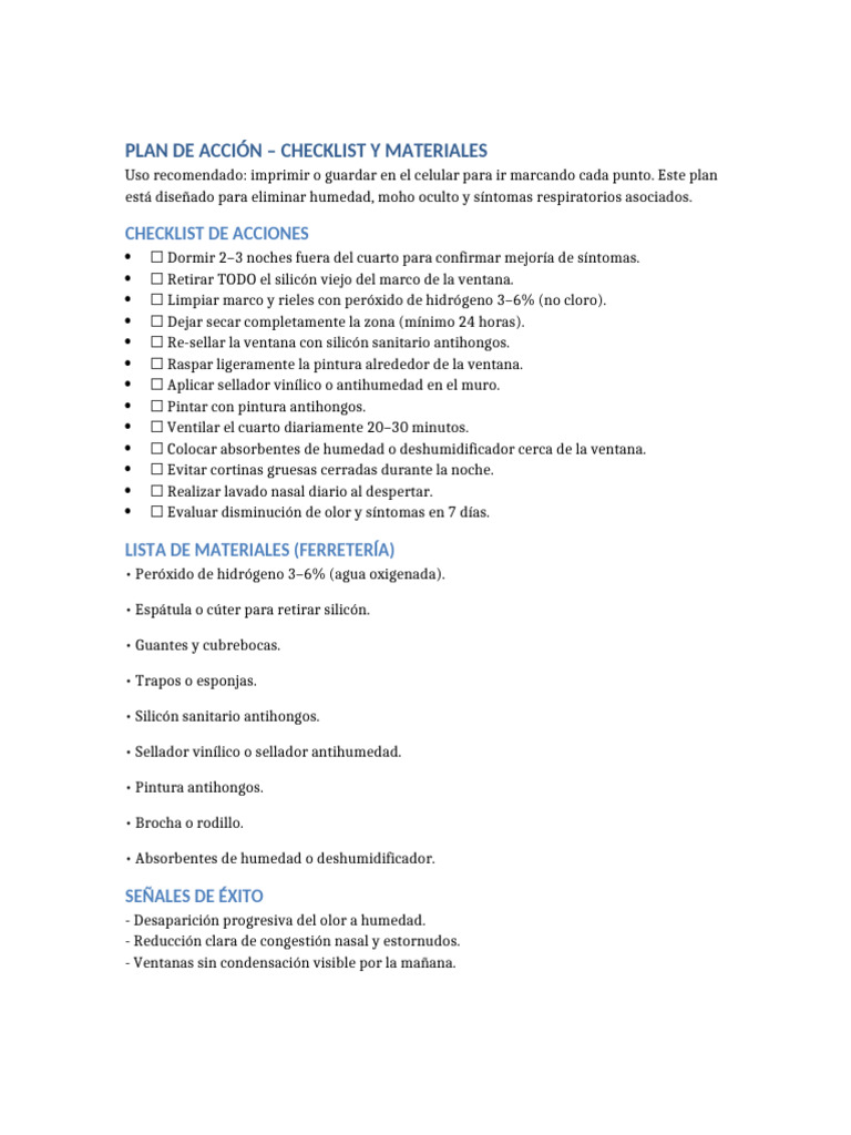 Checklist y Materiales Control Moho Dormitorio-1 | PDF