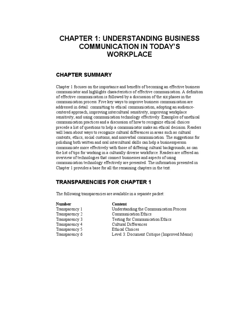 Chapter 1: Understanding Business Communication in Today'S Workplace ...