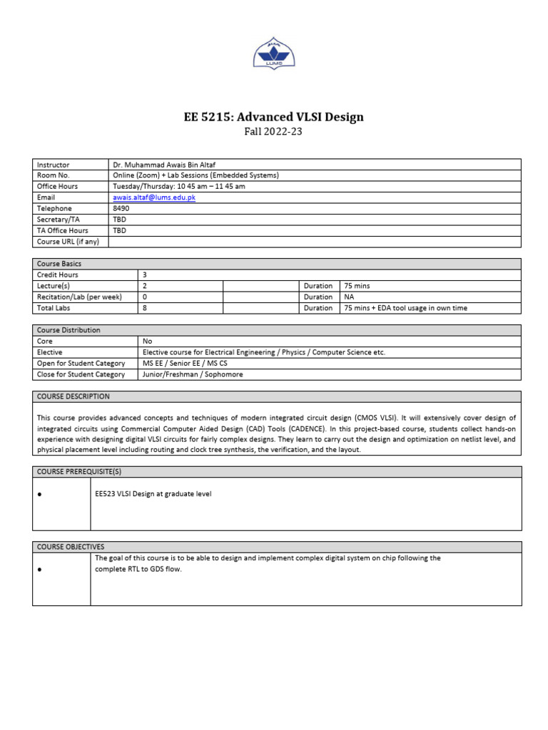 Course - Outline - EE 5215 - Advanced - VLSI - Design | PDF ...