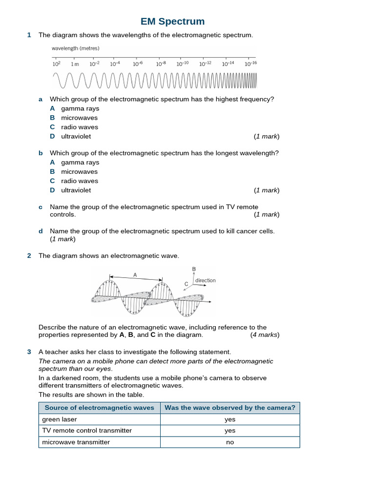 P4 CHW4 EM Spectrum Questions | PDF | Electromagnetic Spectrum ...