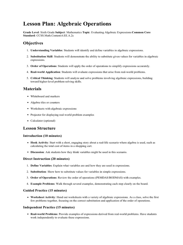 Lesson Plan - Algebraic Operations | PDF | Mathematics | Lesson Plan