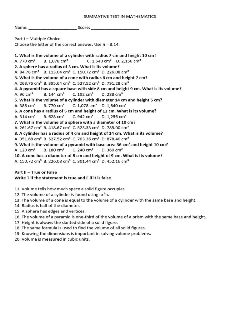 Summative Test in Mathematics&English | PDF | Volume | Sphere