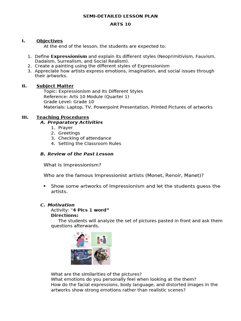Semi-Detailed Lesson Plan ARTS 10 | PDF | Expressionism | Impressionism