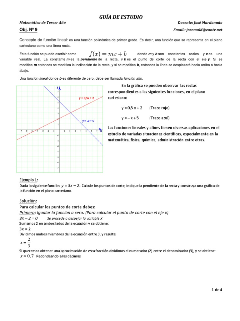 Guía #9 (Funciones Lineales) - Tercer Año | PDF | Linealidad | Función ...