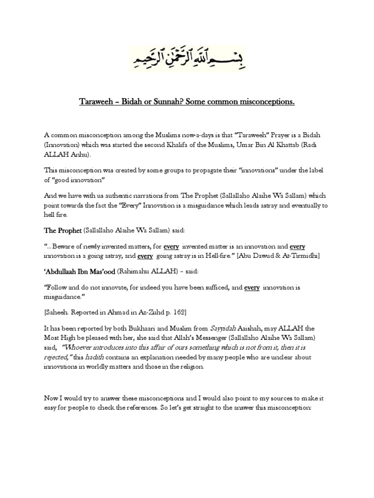 Taraweeh (Bidah or Sunnah - Some Common Misconceptions) | PDF | Hadith ...