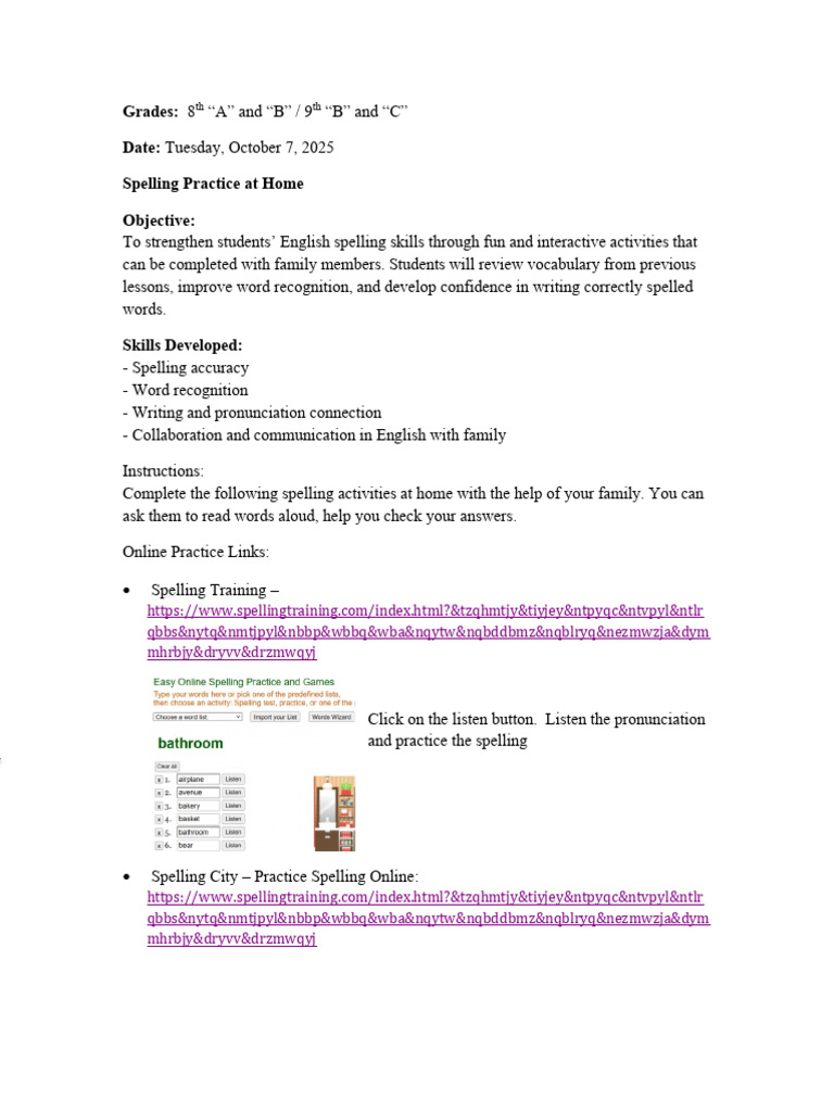 Spelling Practice Worksheet 8th & 9th | PDF | Psycholinguistics | Writing
