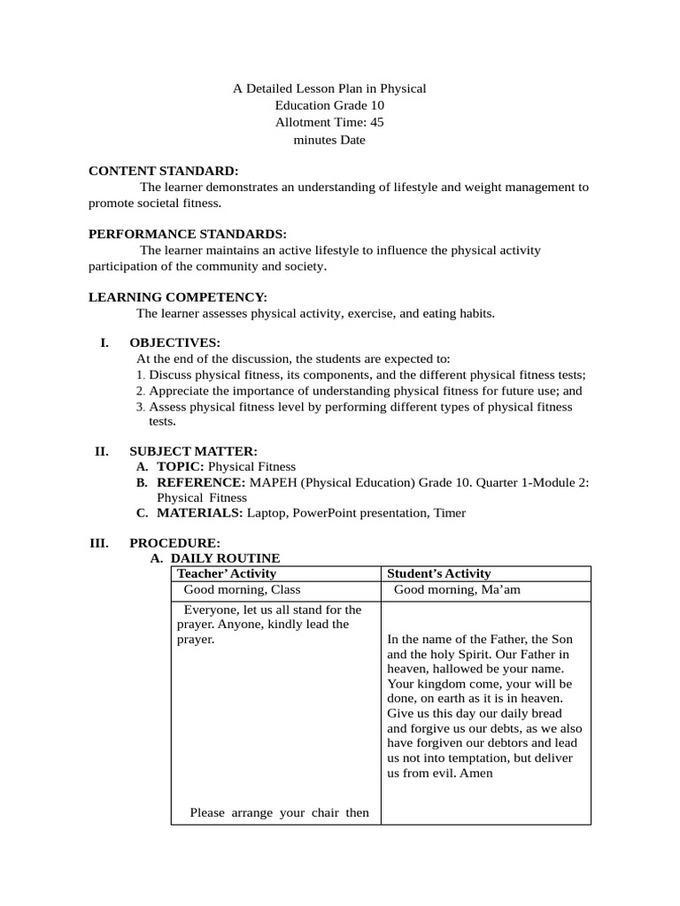 REYES-A Detailed Lesson Plan in Physical Education Grade 10 | PDF