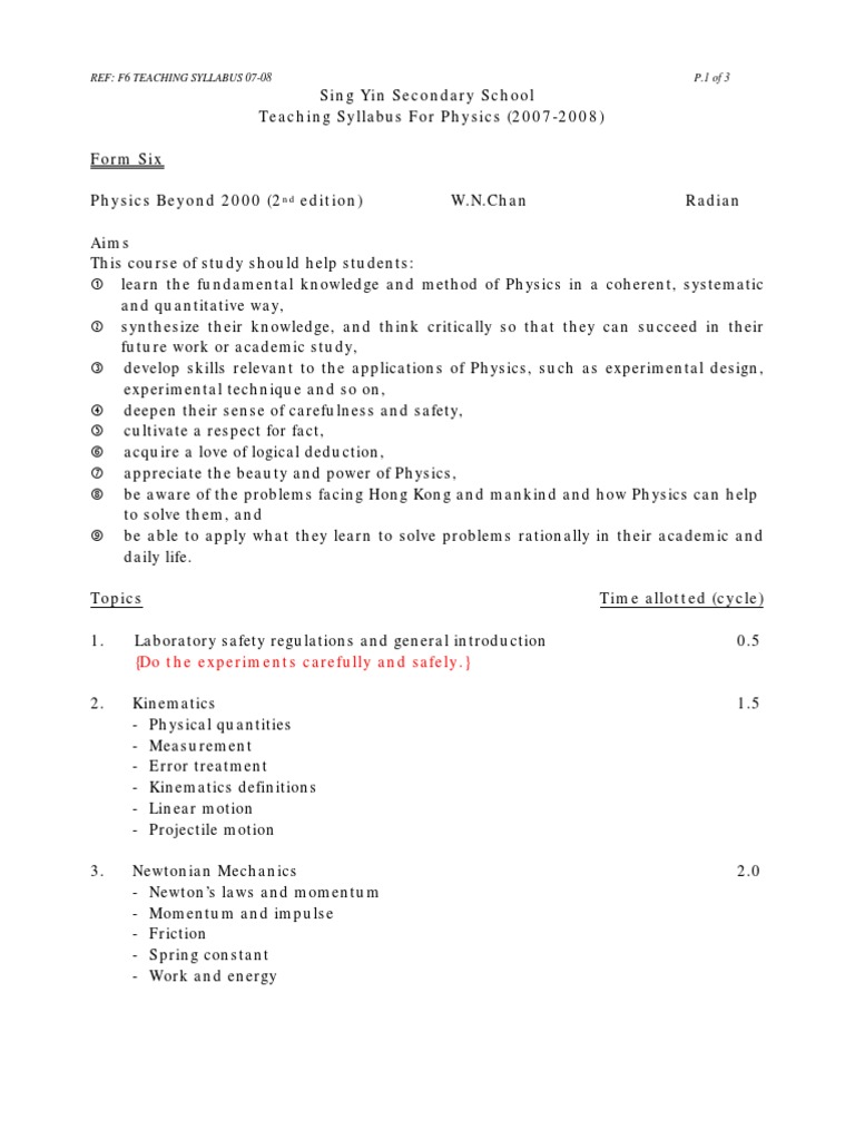 Sing Yin Secondary School Teaching Syllabus For Physics (2007-2008 ...